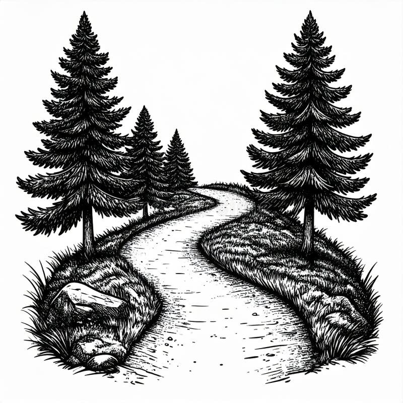 Winding Path through a Black and White Forest Drawing Stock ...