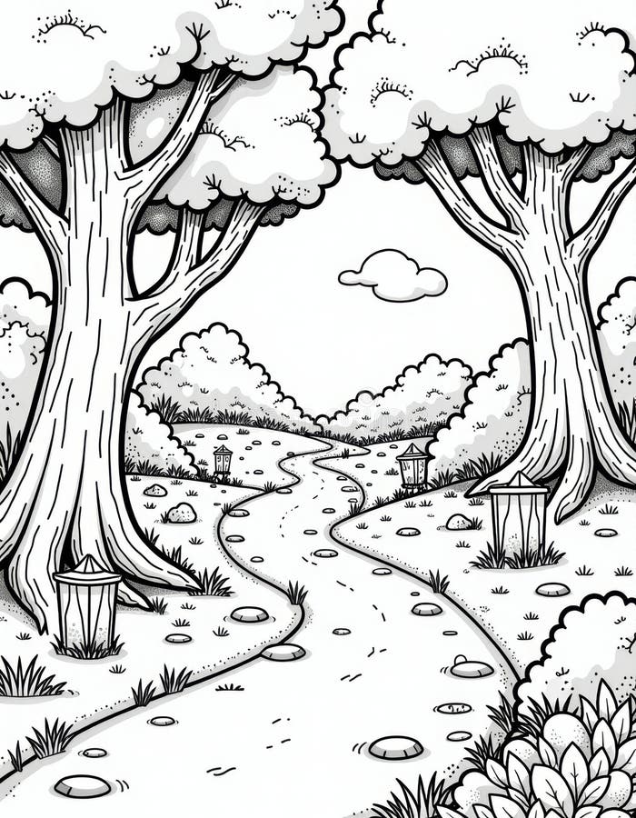 Winding Path through a Black and White Forest, Line Art Illustration ...