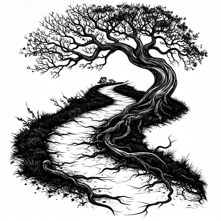 Winding Path through a Black and White Ink Tree Drawing Stock ...