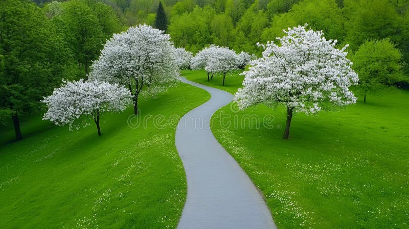 A Winding Path Cuts through a Lush Green Park with Blossoming Trees ...