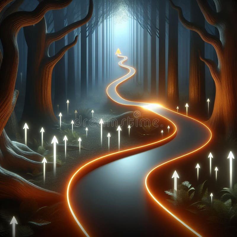 A Winding Path through a Dark Forest, with Glowing Arrows Pointing the ...