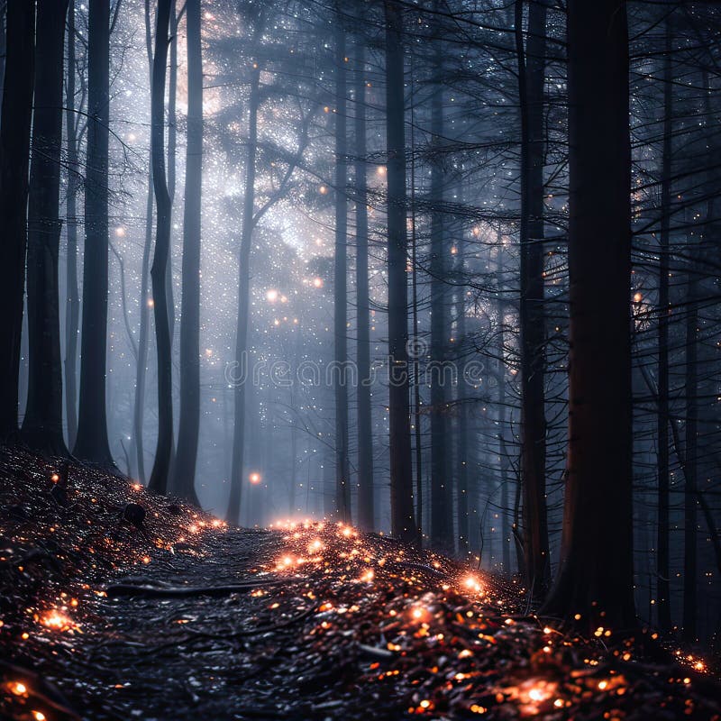 A Winding Path through a Dark Forest Illuminated by Lights on the ...