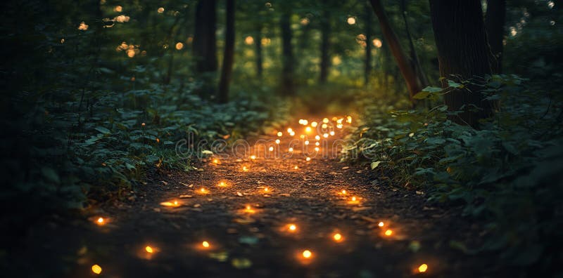 A Winding Path in a Dark Forest is Illuminated by a Trail of Glowing ...