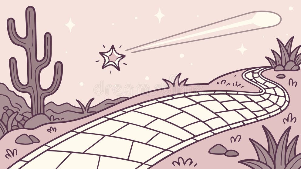 Winding Path in Desert with Cacti and Distant Comet, Vector Design ...