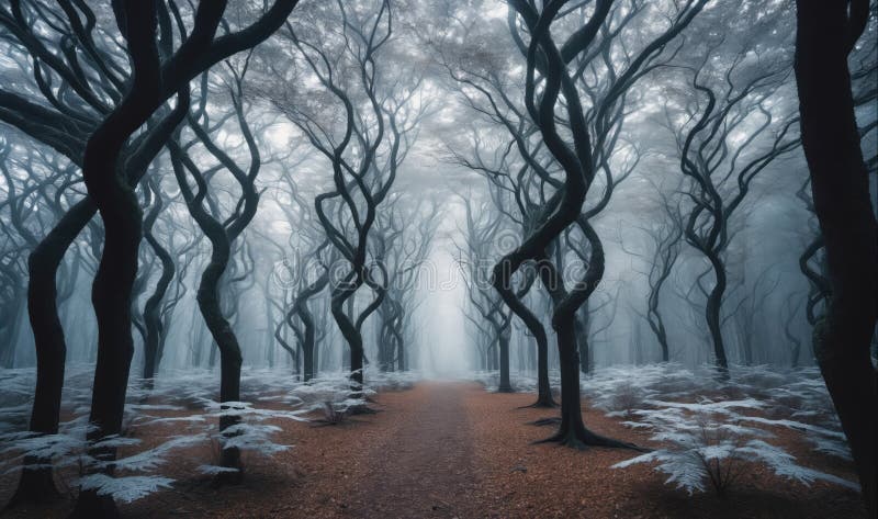 A Winding Path Disappears into the Mist through a Forest of Contorted ...