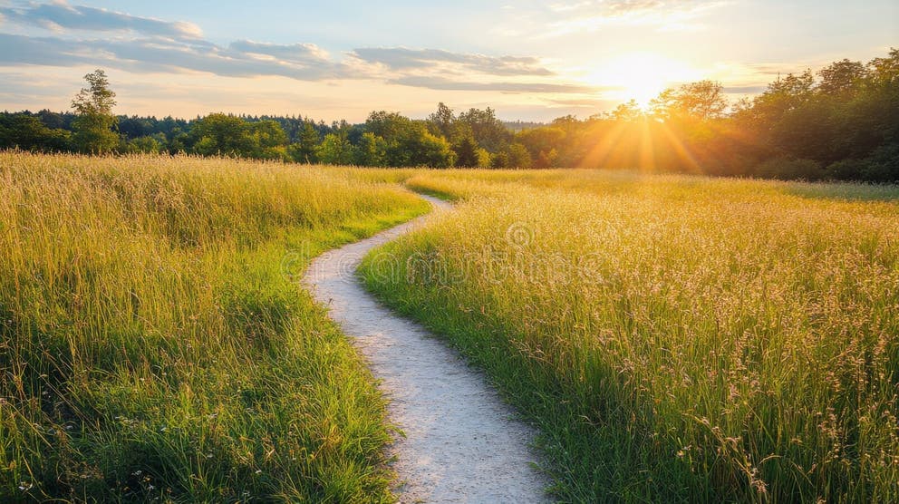 Winding Path through a Field of Tall Grass at Sunset Stock Image ...