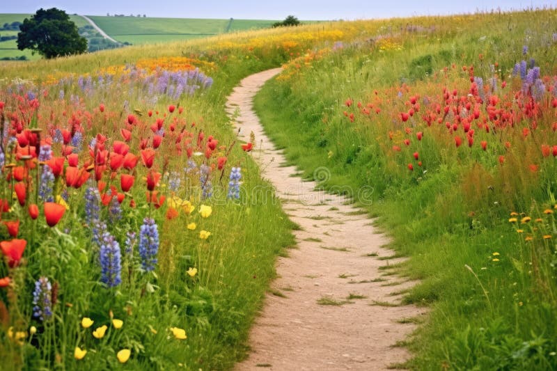 A Winding Path through Fields of Wildflowers Stock Photo - Image of ...