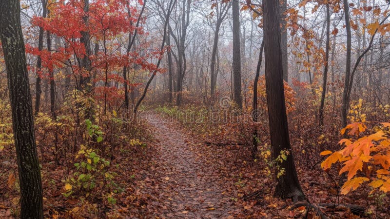 Winding Forest Path through Foggy Autumn Woods Stock Photo - Image of ...