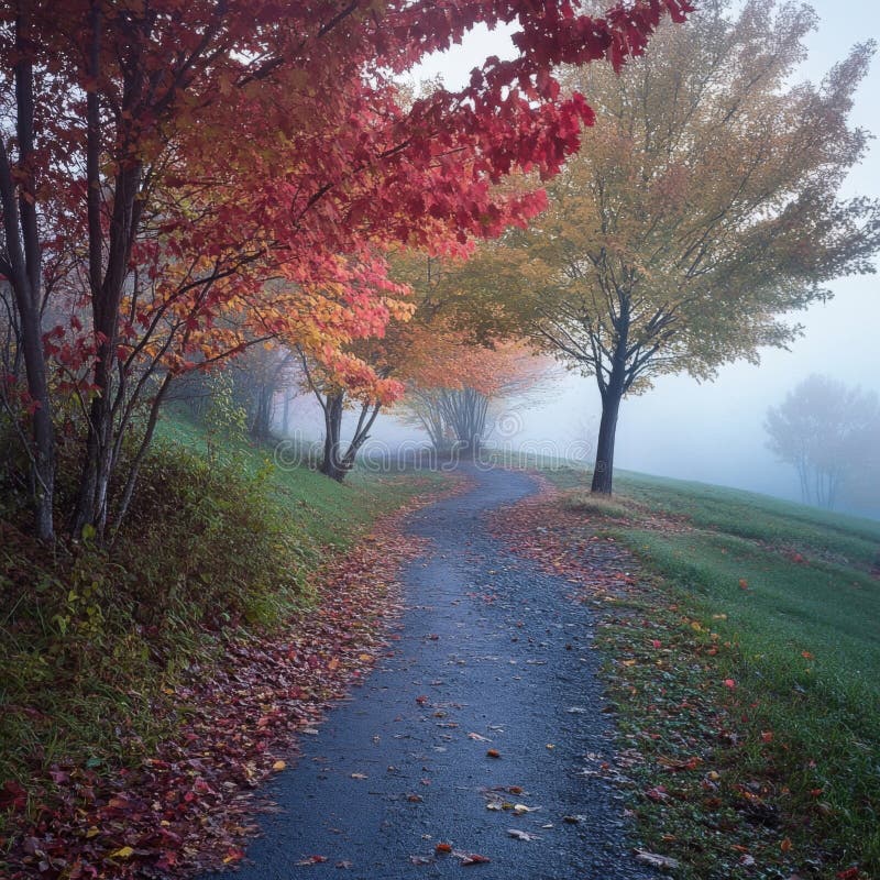 Winding Forest Path through Foggy Autumn Woods Stock Photo - Image of ...