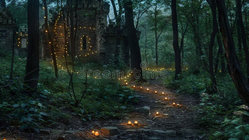 A Winding Path through a Forest Dotted with Solar Lights that Highlight ...