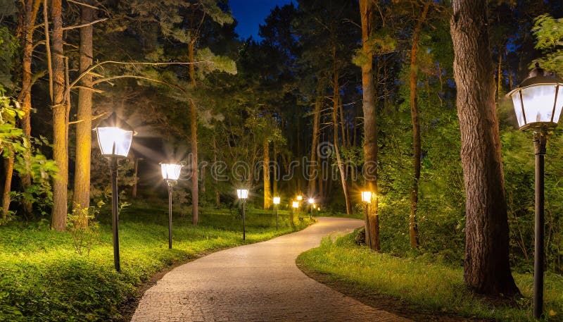 Winding Path through Forest with Lanterns at Night. Stock Illustration ...