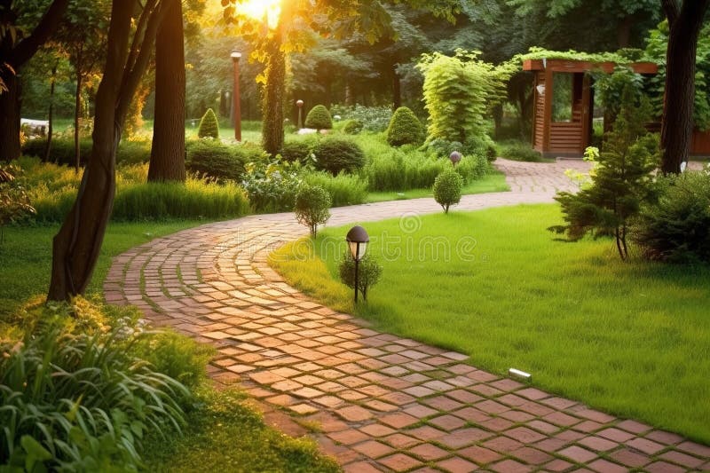 Winding Path in the Garden of Clinker Tiles. Generative AI Stock Image ...