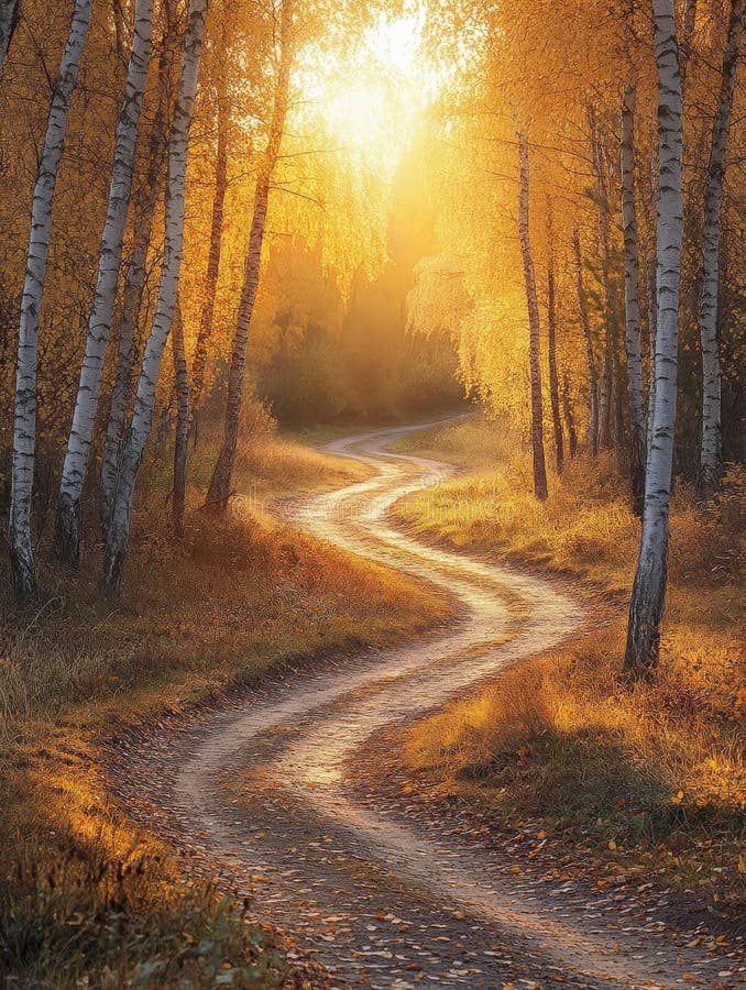 Winding Path through Golden Autumn Trees at Sunset Stock Image - Image ...