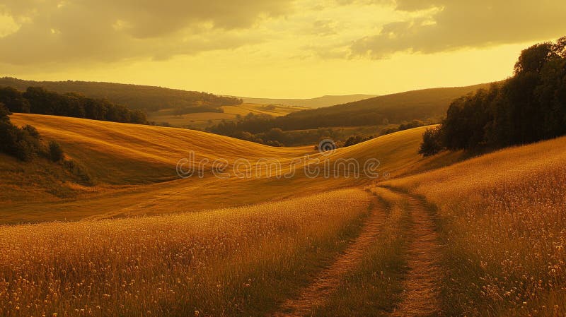 Winding Path through Golden Hills at Sunset Stock Illustration ...