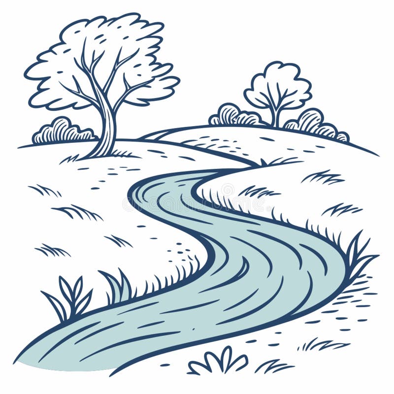 Winding Path through a Grassy Field Minimalist Landscape Line Art ...