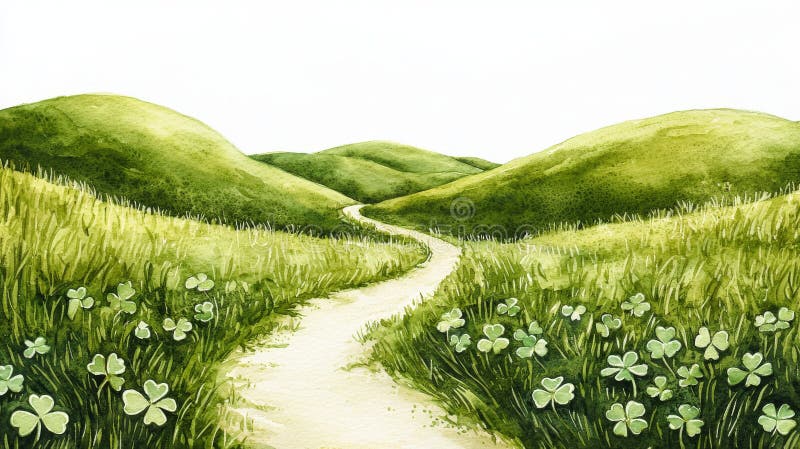 Winding Path through Green Clover Fields with White Clouds in the Sky ...