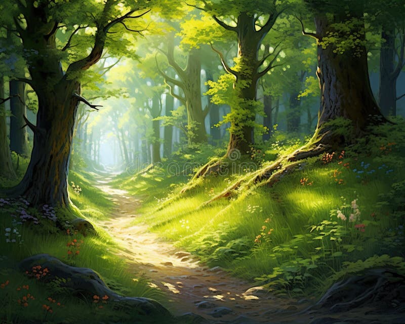 Winding Path in a Green Sunlit Forest. Generative AI Illustration Stock ...