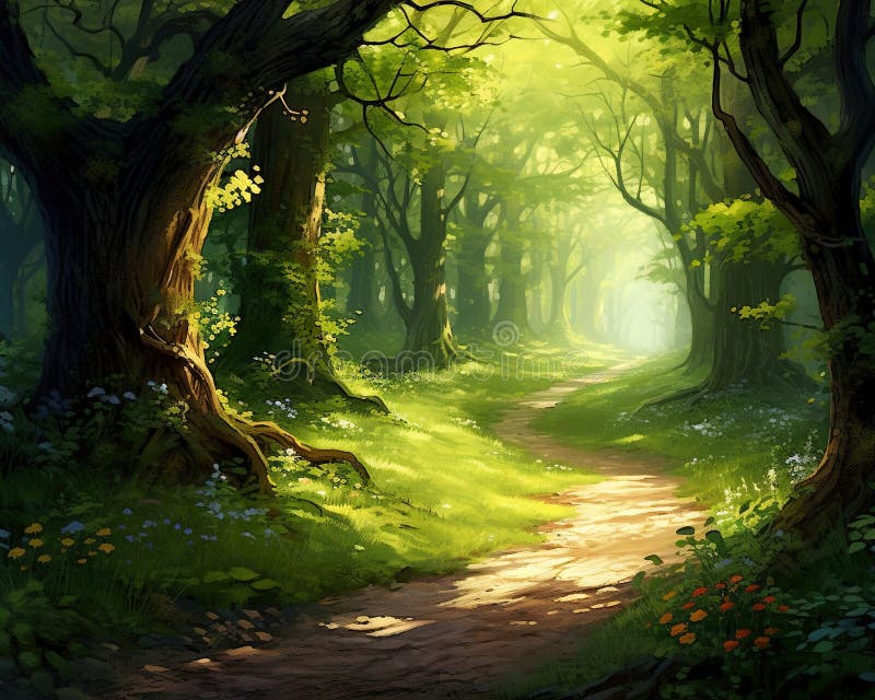 A Winding Path through a Dense with Rays of Sunlight Peeking through ...