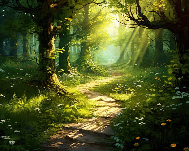 Winding Path in a Green Sunlit Forest. Generative AI Illustration Stock ...