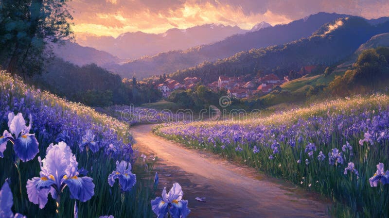 Winding Path through Iris Field Leading To Village at Sunset Stock ...