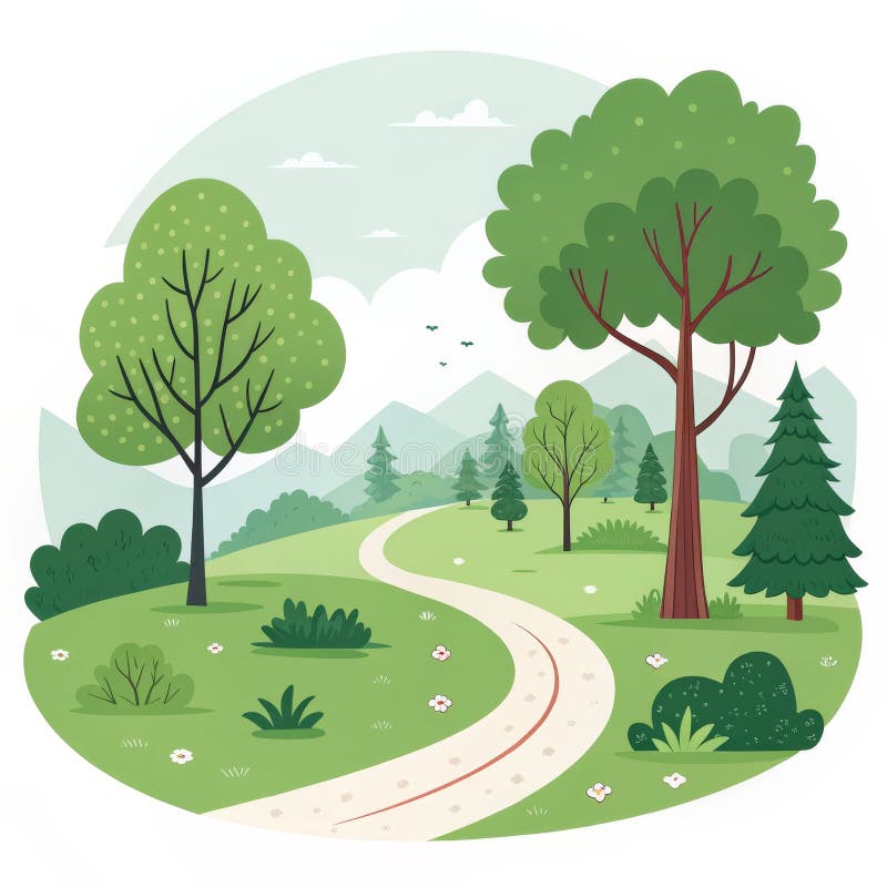 Winding Path Landscape Vector Illustration, Green Trees, Nature Scene ...