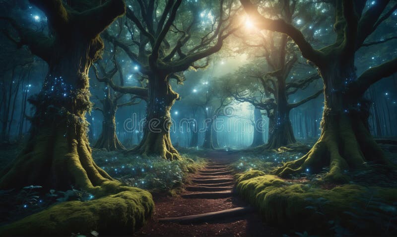 A Winding Path Leads into a Dark Forest at Night, Illuminated by the ...