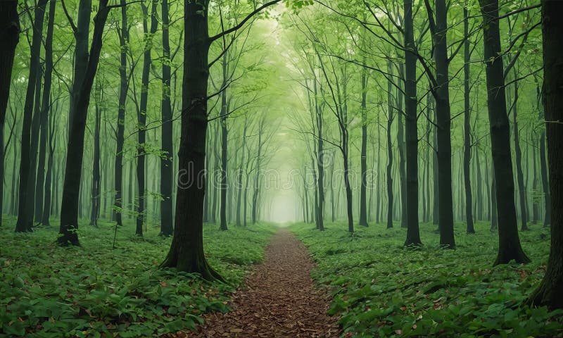 Winding Path Leads through Dense Forest, with Tall Trees and Soft ...