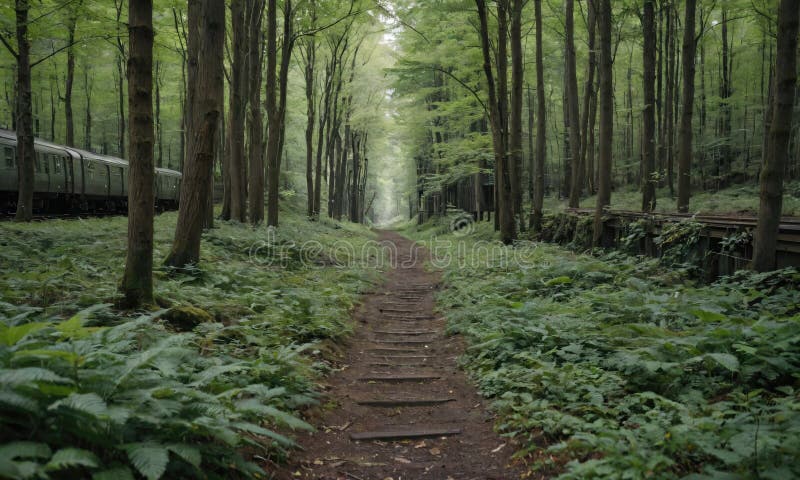 A Winding Path Leads through a Dense Forest, with a Train Track Running ...