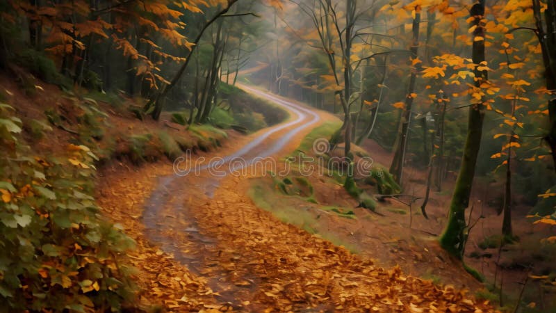 A Winding Path Leads through a Forest with Fallen Topaz-colored Leaves ...