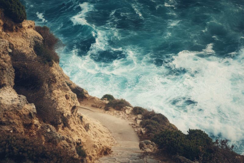 A Winding Path Leads To the Edge of a Cliff Overlooking a Stormy Sea ...