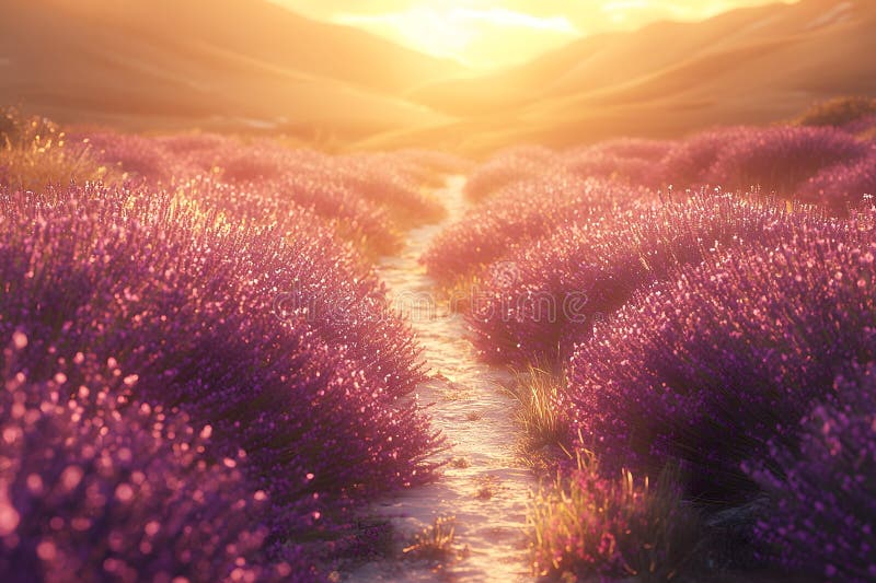 Path through Lush Lavender Fields at Sunset Generative AI Stock Image ...