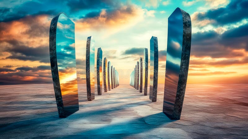 Winding Path Lined with Reflective Mirrors Leading into Sunset Sky ...