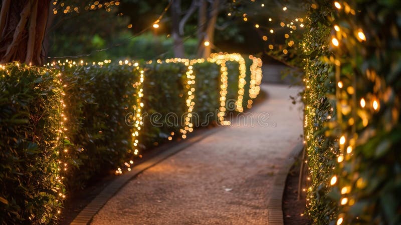 A Winding Path Lined with Tall Hedges and Strung with Le Lights ...