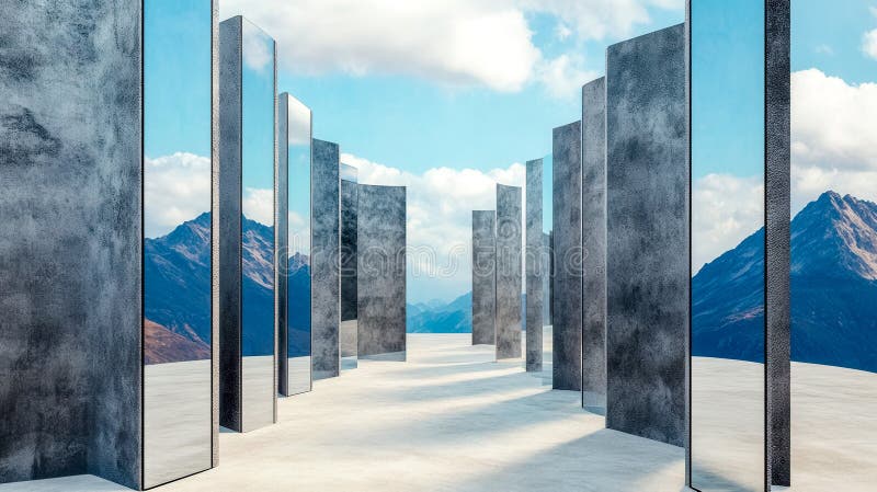 Winding Path Lined with Tall Mirrors Reflecting Mountain Landscape ...