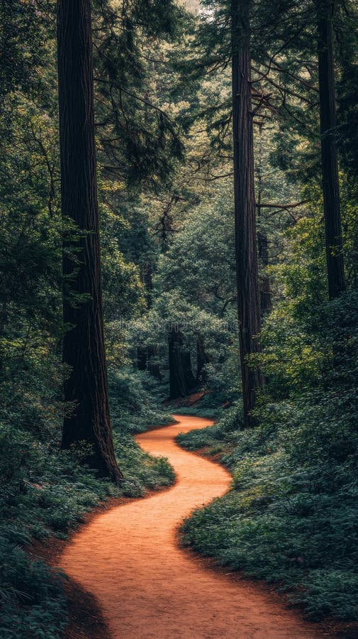 Winding Path through Lush Forest with Tall Trees during Daylight Stock ...