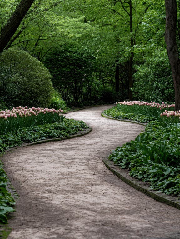 A Winding Path through a Lush Green Garden with Tulips. Stock ...