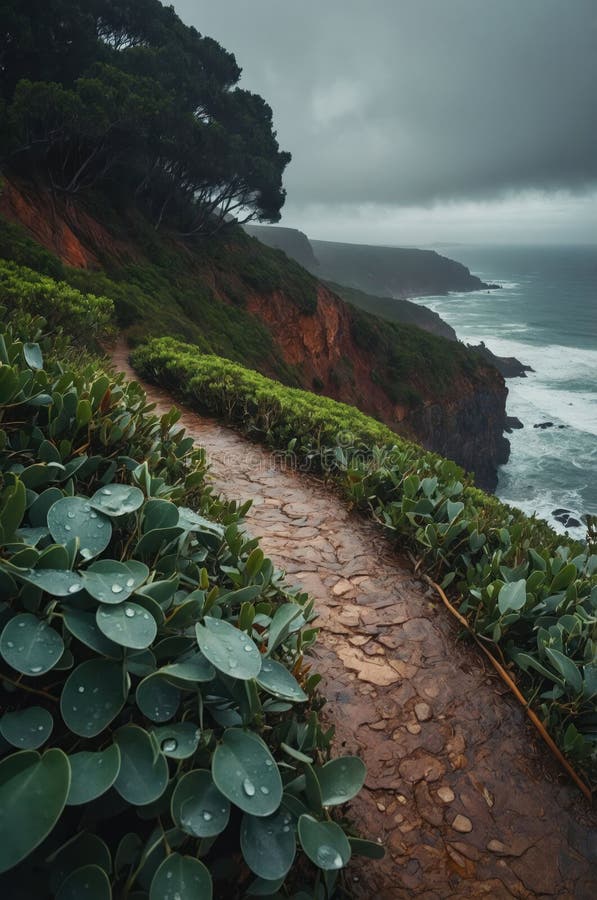 Coastal Cliff Path with Ocean View and Lush Greenery after Rain Stock ...