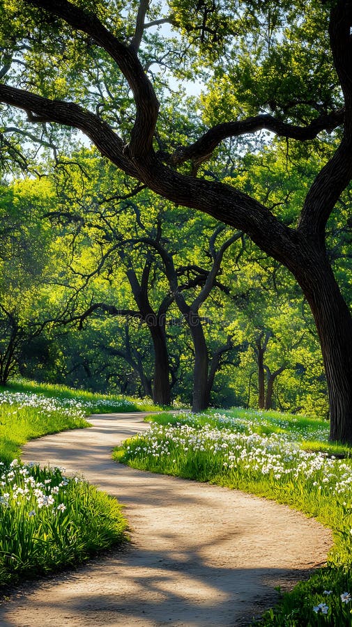 Winding Path through Lush Spring Park with Towering Oak Trees Stock ...