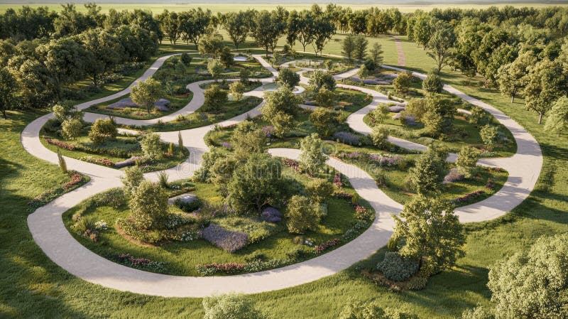 Winding Path Meanders Lush Garden Surrounded Trees Shrubs Stock Photos ...