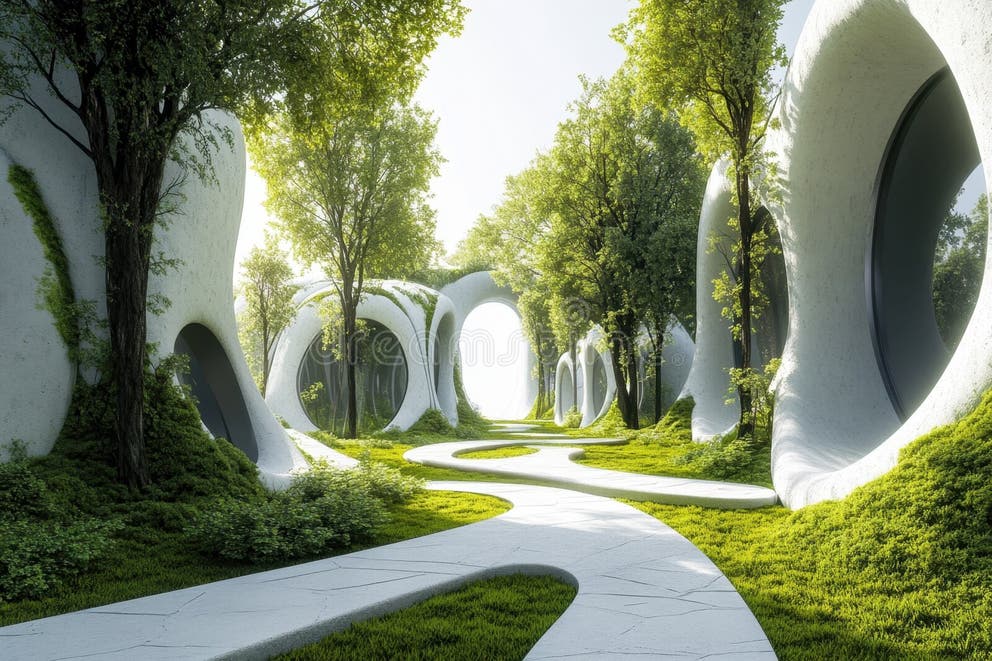 Modern Architectural Pathway Surrounded by Lush Greenery in a Serene ...