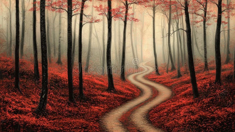 Winding Path through a Misty Autumnal Forest Stock Illustration ...