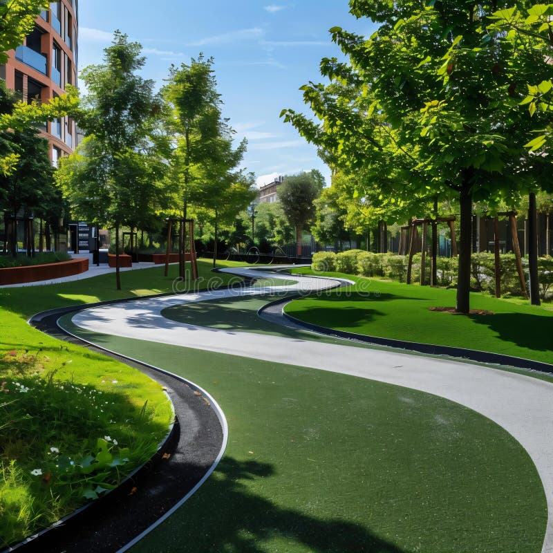 Winding Path through Park Lined Greenery Trees Leads Modern Building ...