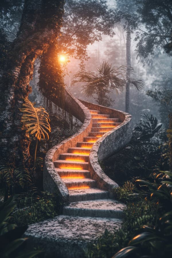 A Winding Path of Serpentine Stone Steps, Lit Up, Meandering through a ...