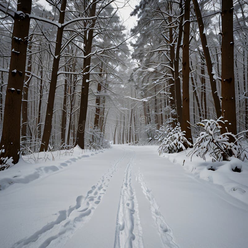 A Winding Path through a Snowy Forest with Footprints Leading the Way ...