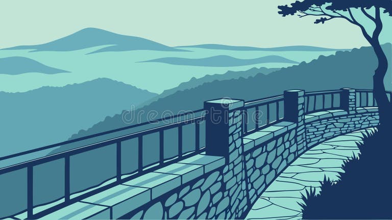 Winding Path with Stone Wall in a Hilly Landscape, Vector Design ...