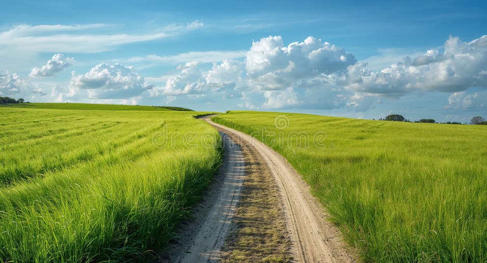 Winding Path through Verdant Fields, Under a Sky Filled with Soft ...
