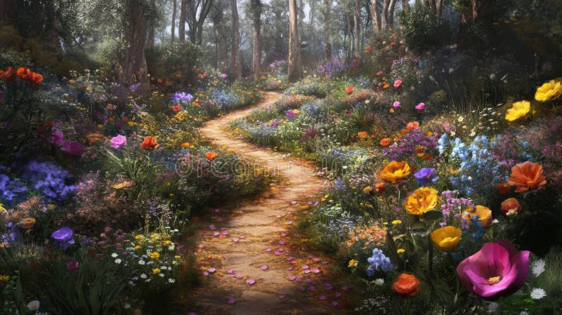 Winding Path through a Vibrant Flower Garden in a Sunlit Forest Stock ...