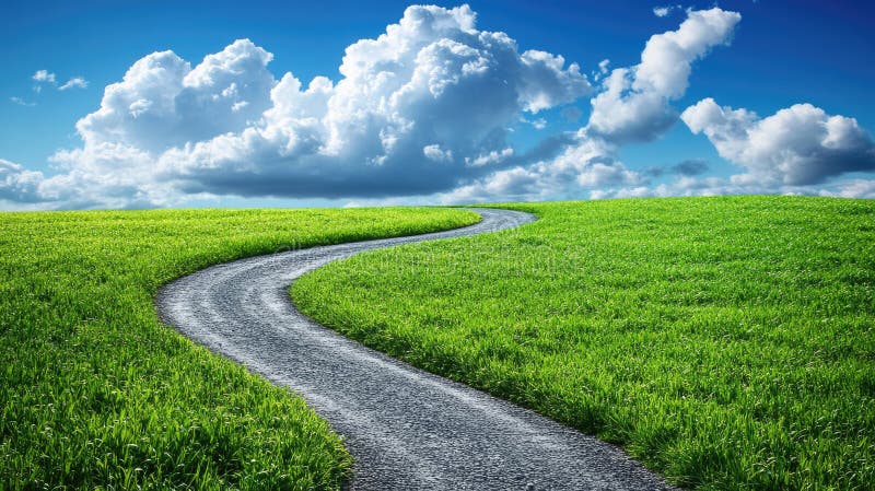Winding Path through Vibrant Green Field Under Blue Sky with Fluffy ...