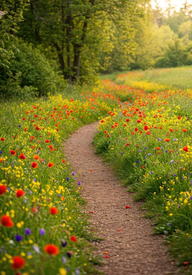 Winding Path through Vibrant Wildflower Meadow Stock Illustration ...