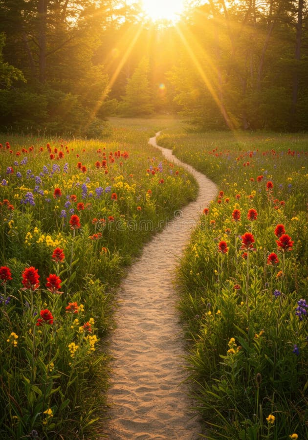 Winding Path through Vibrant Wildflower Meadow at Sunset Stock ...